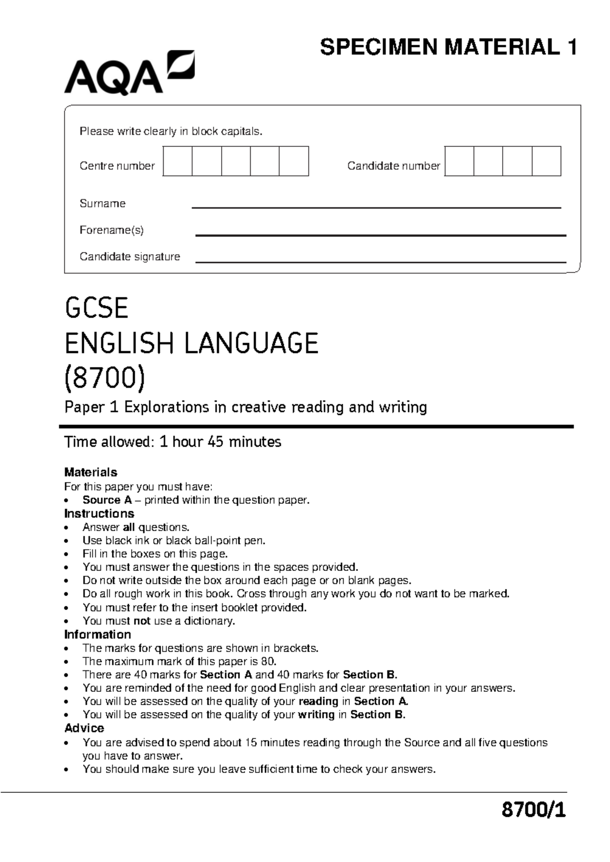 AQA GCSE English Language (8700) Paper 1 Specimen Material Overview ...