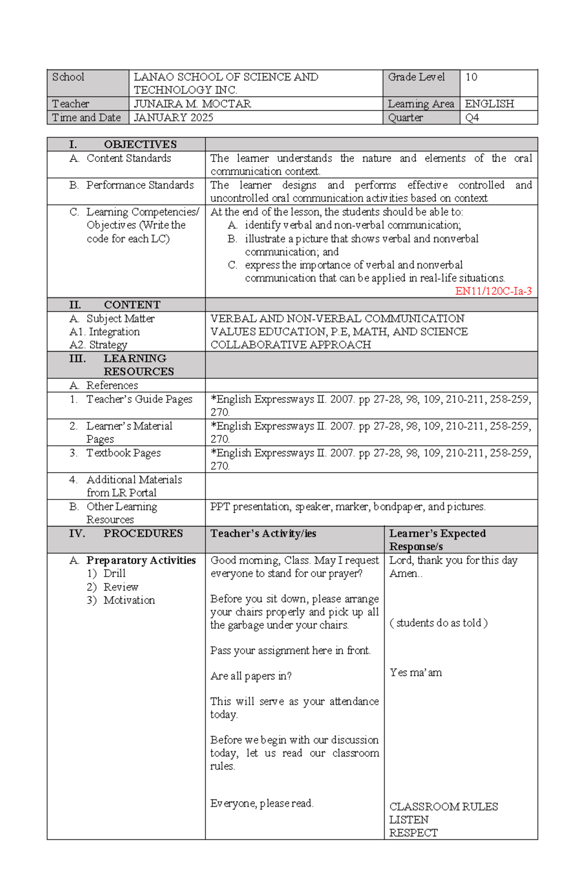 Detailed Lesson Plan on Verbal and Nonverbal Communication (Grade 10 ...