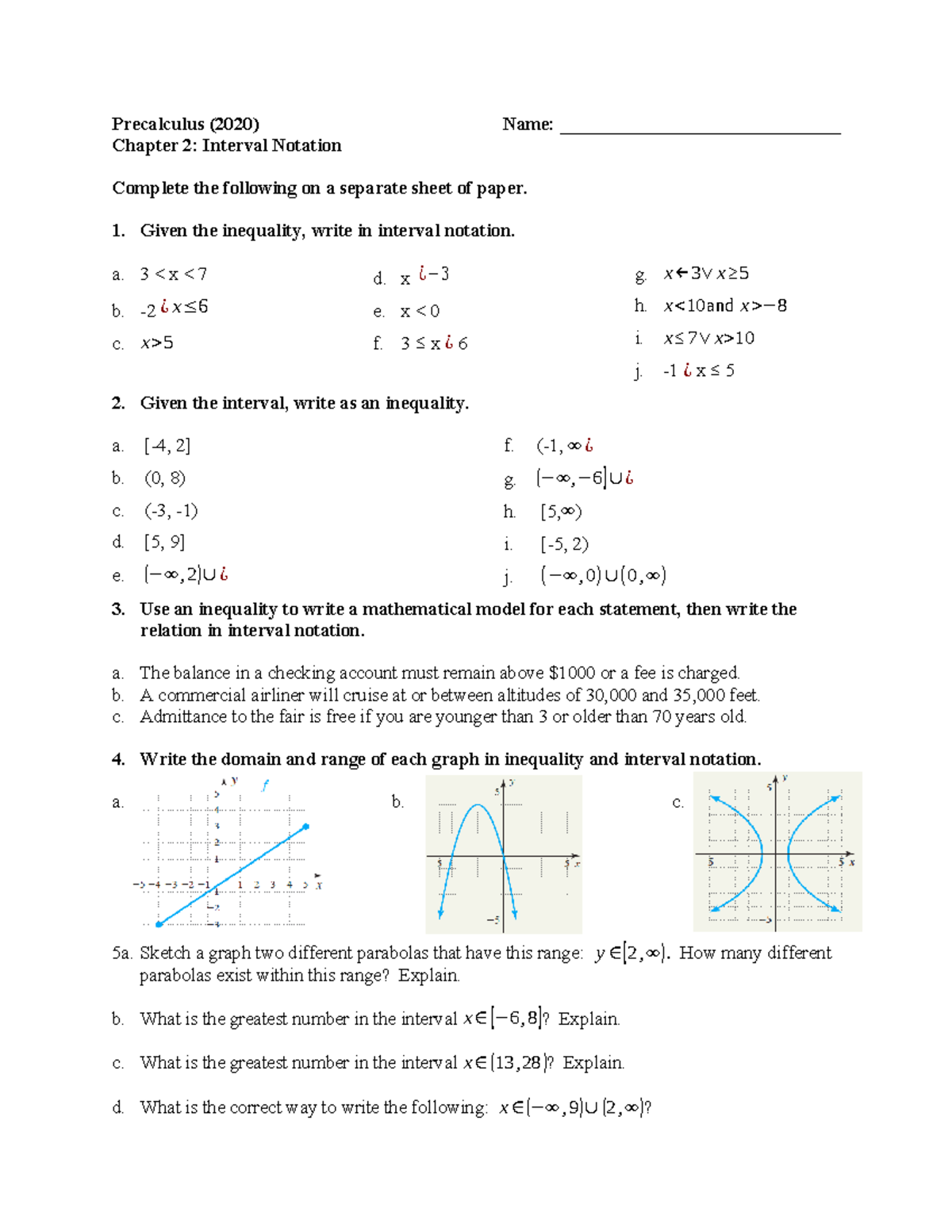 Precalculus (2020) - Interval Notation Practice Exercises - Studocu
