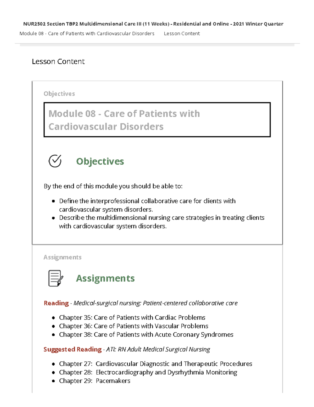 NUR2502 Module 08 - Tips and Notes for Cardiovascular Care - Studocu