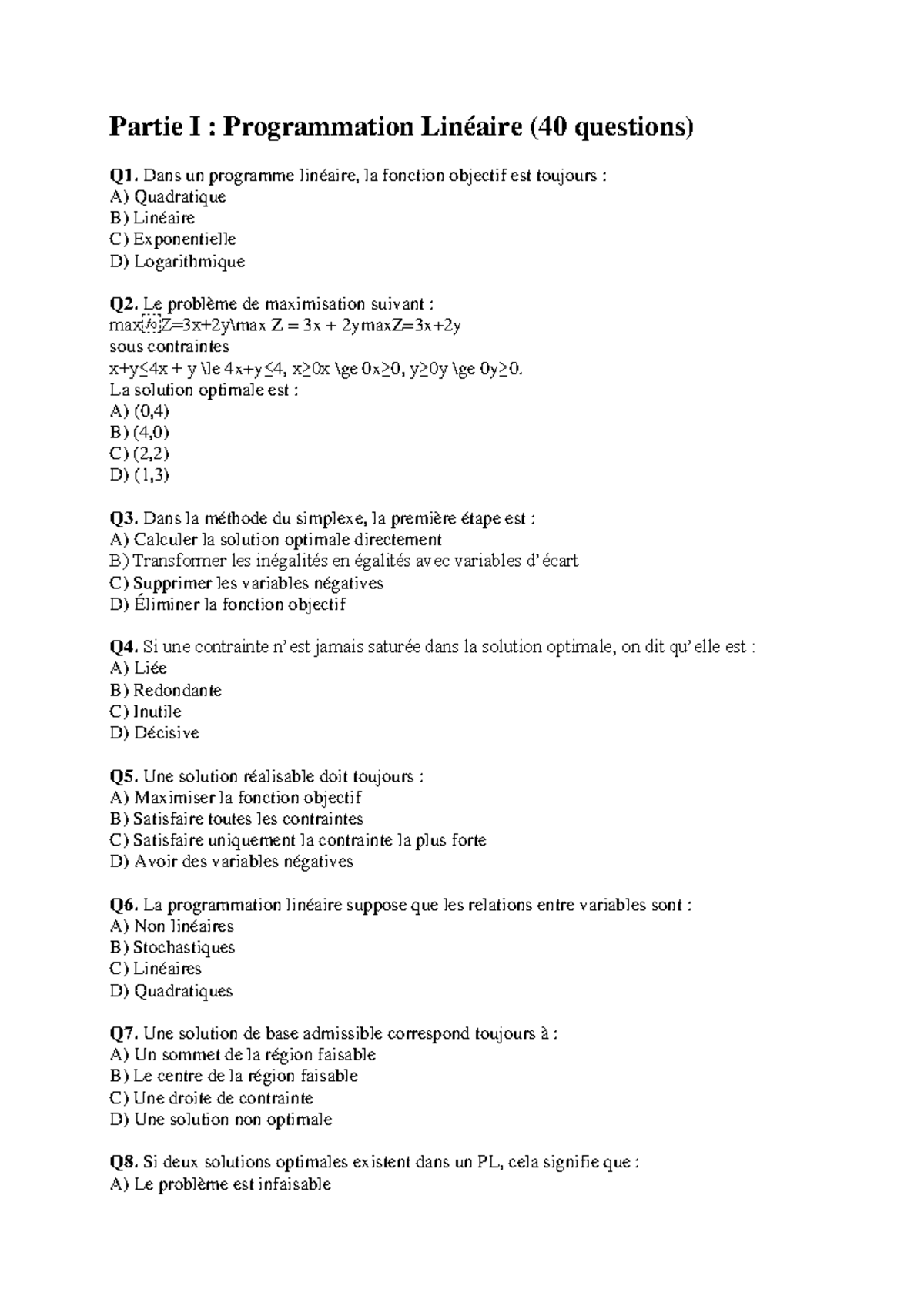 QCM de Programmation Linéaire et Logistique (Parties I & II) - Studocu
