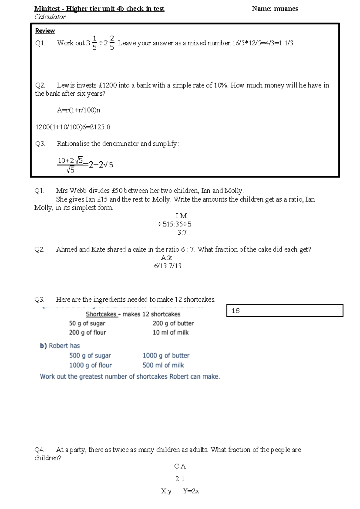 New - Mini Test - Higher - Unit 4b - Ratio and proportion - Minitest ...