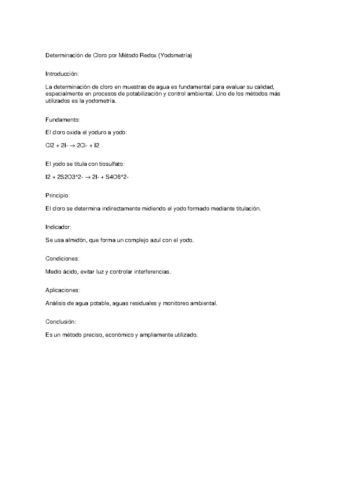 Determinación de Cloro por Yodometría en Análisis de Agua - Studocu