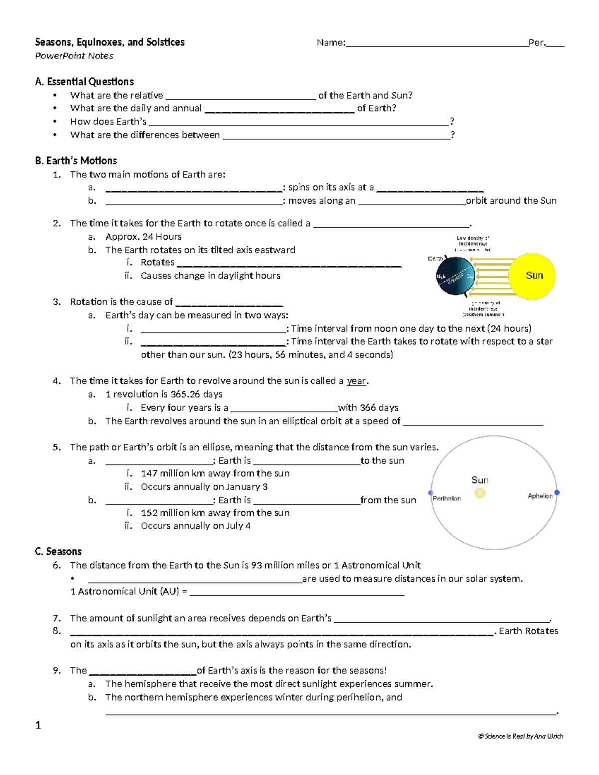 Seasons Equinoxes and Solstices PPT Student Notes - Seasons, Equinoxes ...