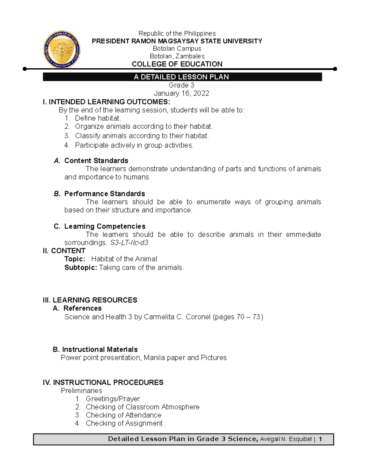 BEED 2 - Detailed Lesson Plan: Animals and Their Habitats - Studocu