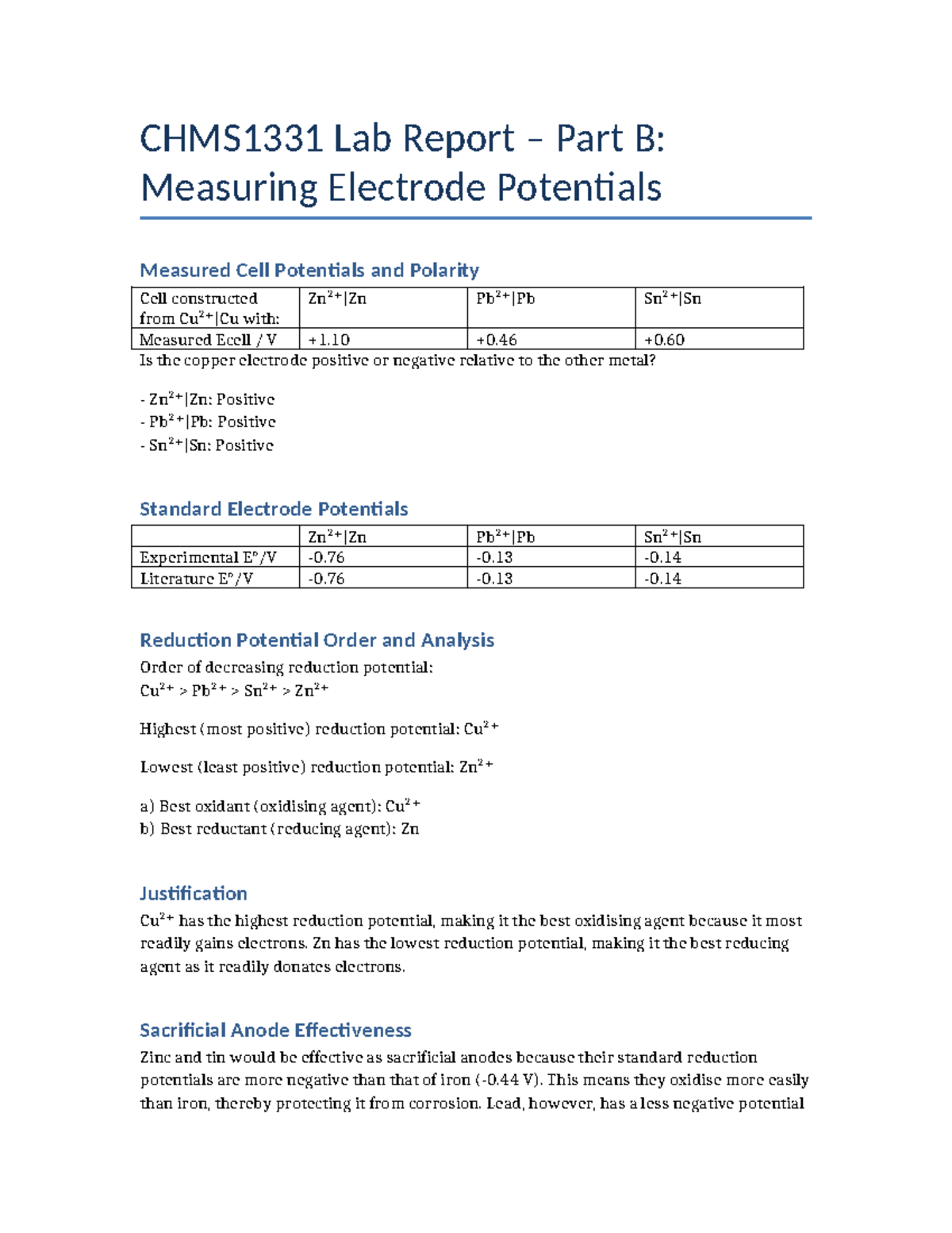 CHMS1331 Lab Report Part B: Electrode Potentials Analysis - Studocu