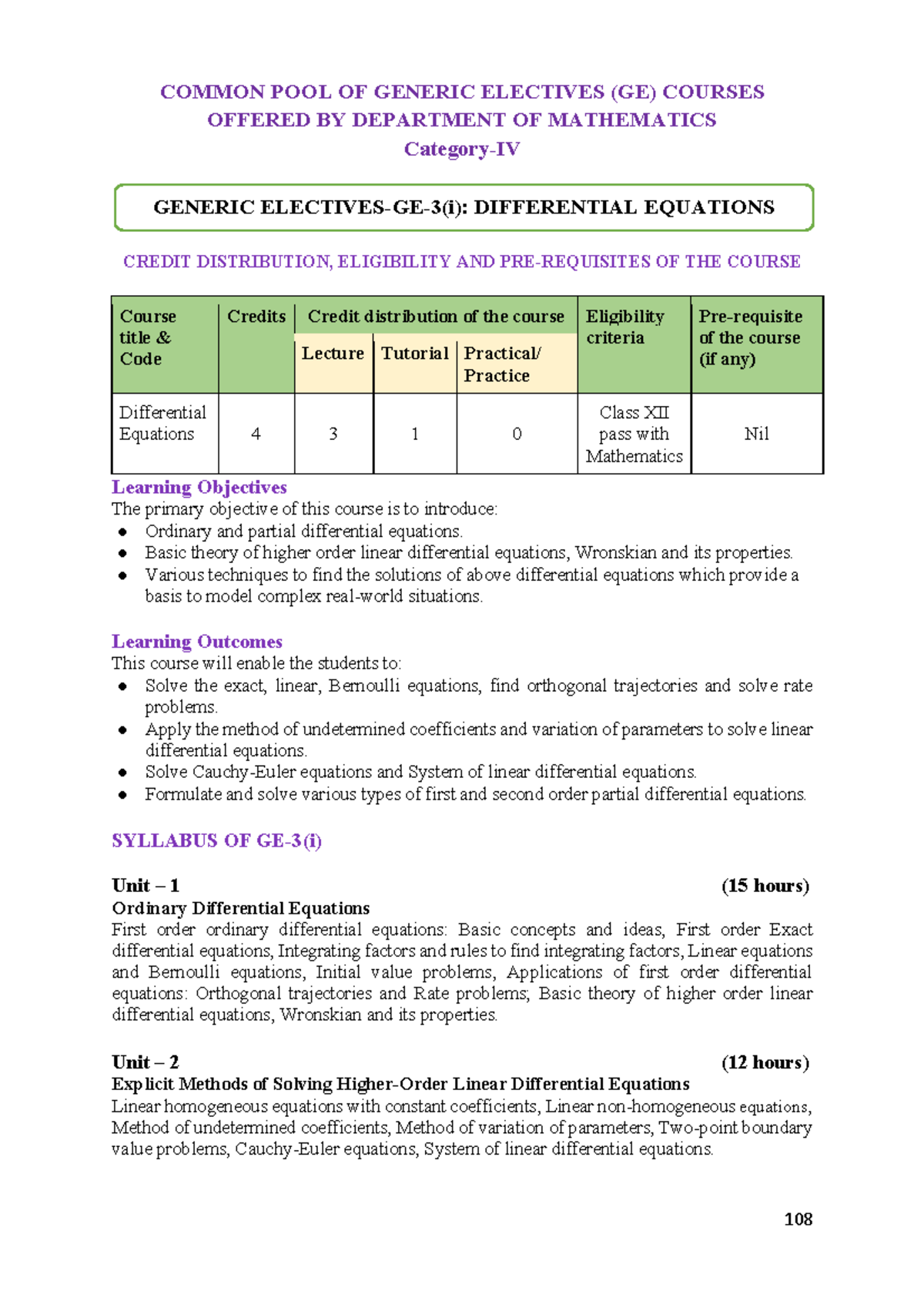 12 Mathematics GE 2023-27 III Sem Differential EQS - 108 COMMON POOL OF GENERIC ELECTIVES (GE ...