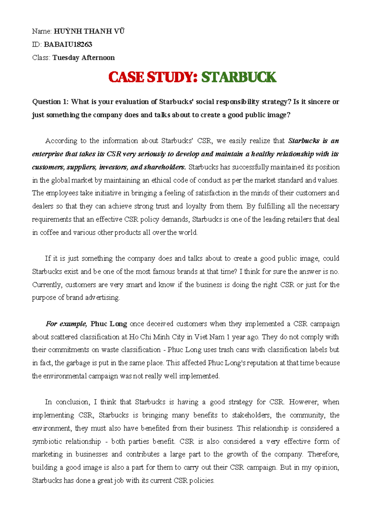 Case Study: Starbucks’ CSR Strategy and Corporate Values - VNU-HCM ...