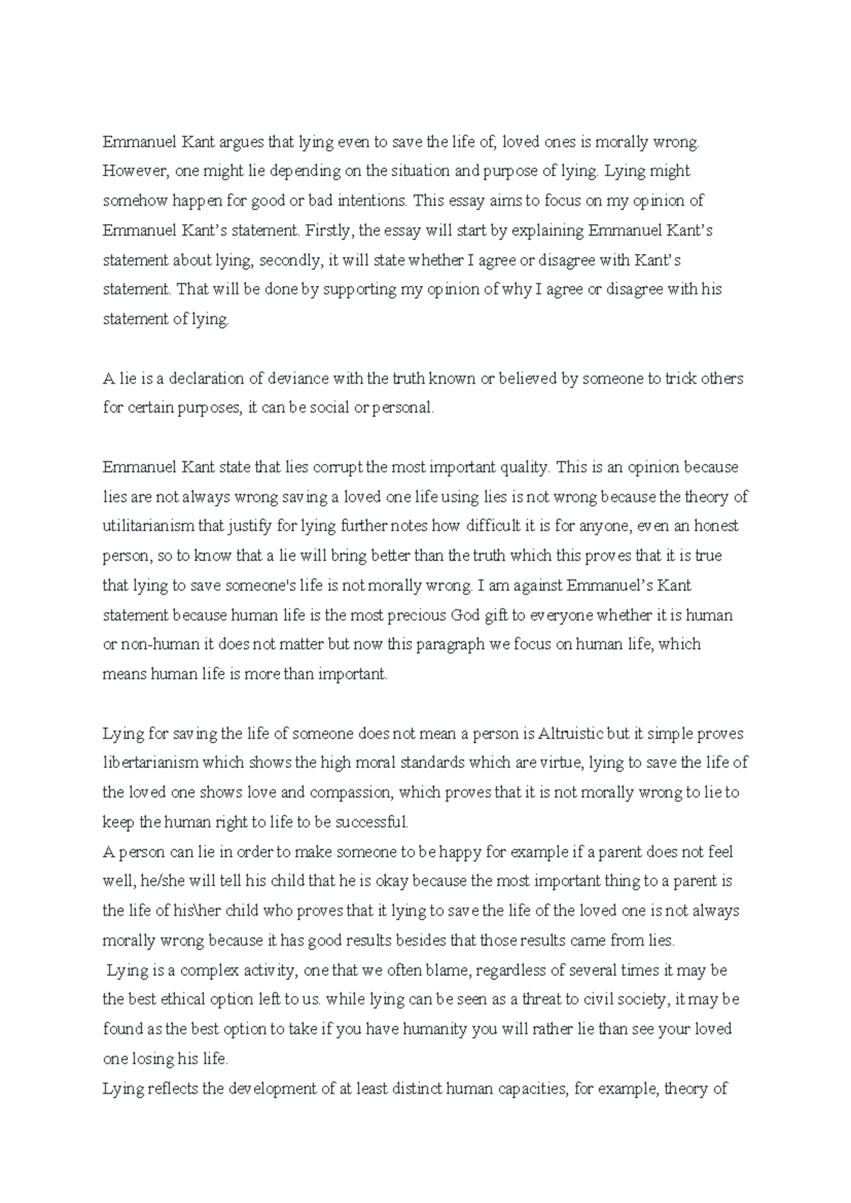Ethics 110: Kant's View on Lying vs. Utilitarianism - A Personal Essay ...
