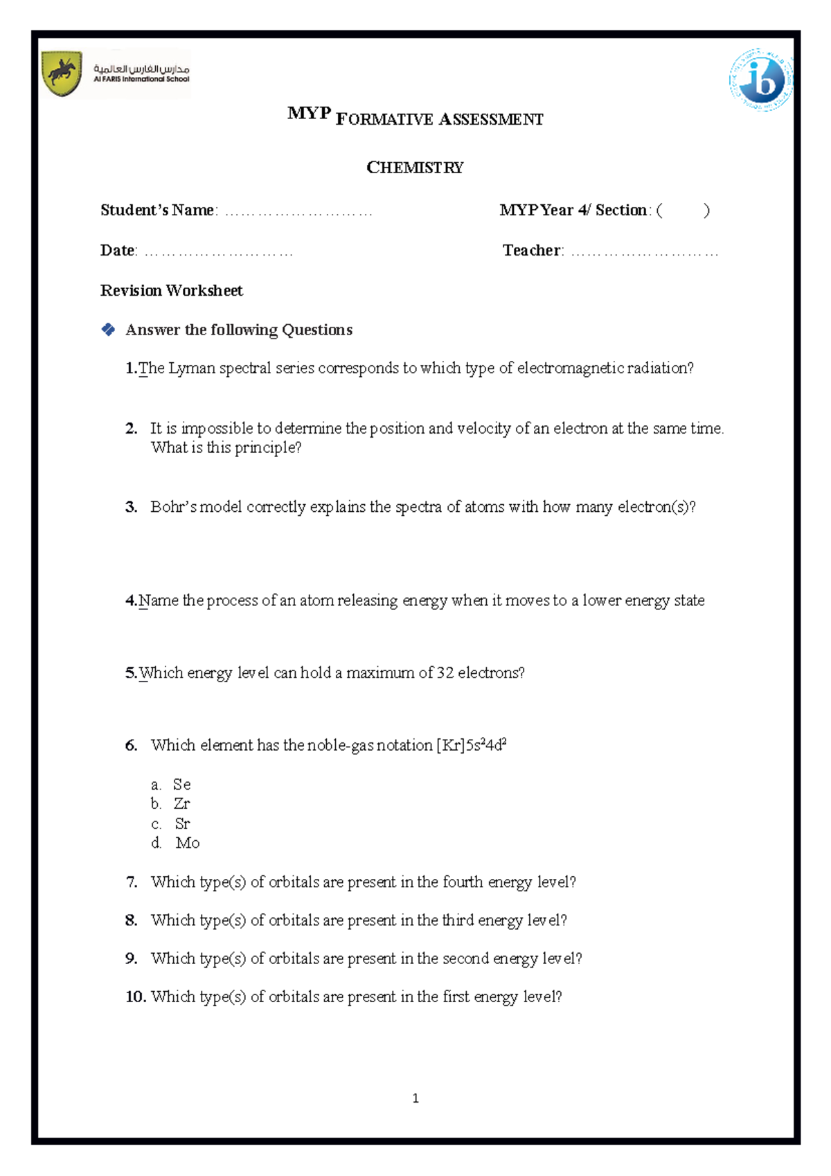 MYP 4 Chemistry Revision Worksheet: Key Concepts and Questions - Studocu