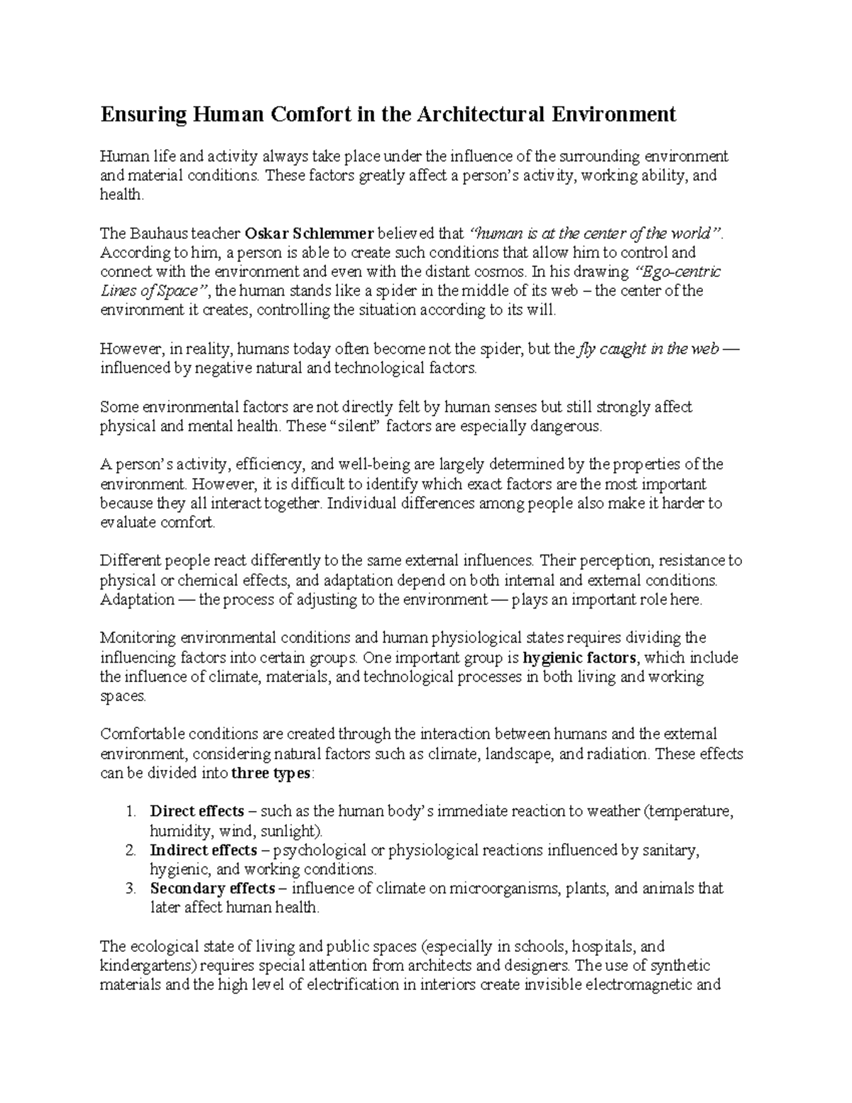 Ensuring Human Comfort in Architectural Environments: Key Factors - Studocu