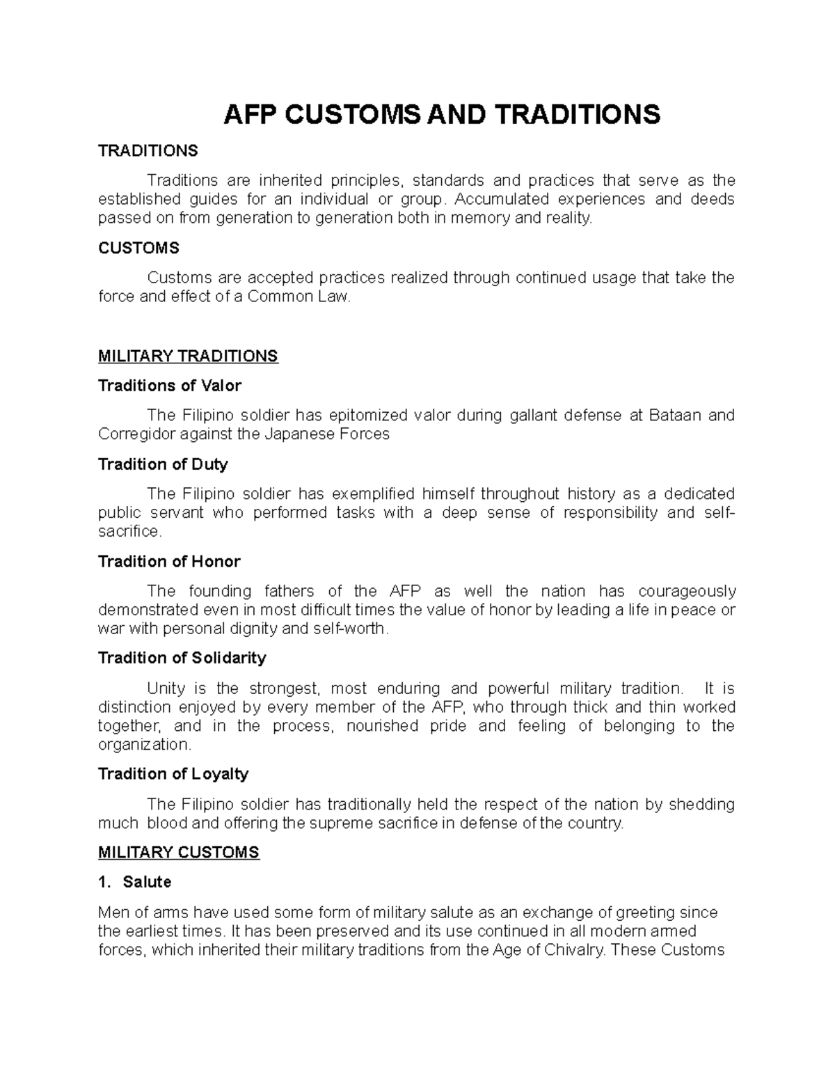 Lecture Notes - AFP Customs AND Tradition - AFP CUSTOMS AND TRADITIONS ...