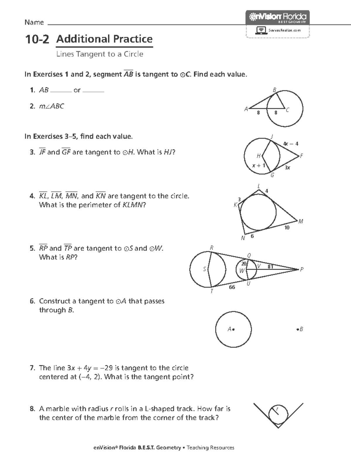 B.E.S.T. Geometry 10.2: Lines Tangent to a Circle Practice Exercises ...