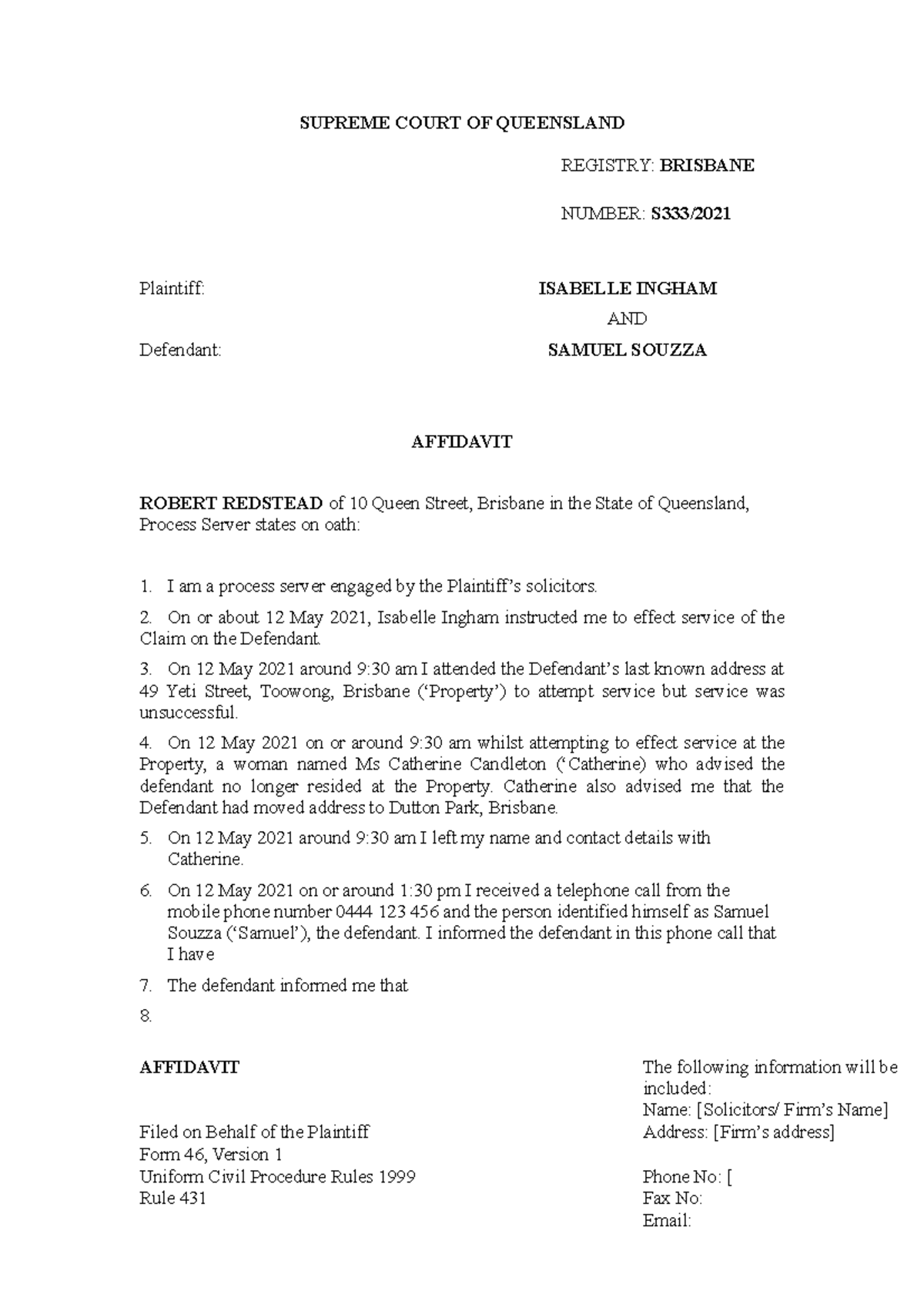 Form 46 - Sample Affidavit for Service of Claim in QLD Case - Studocu