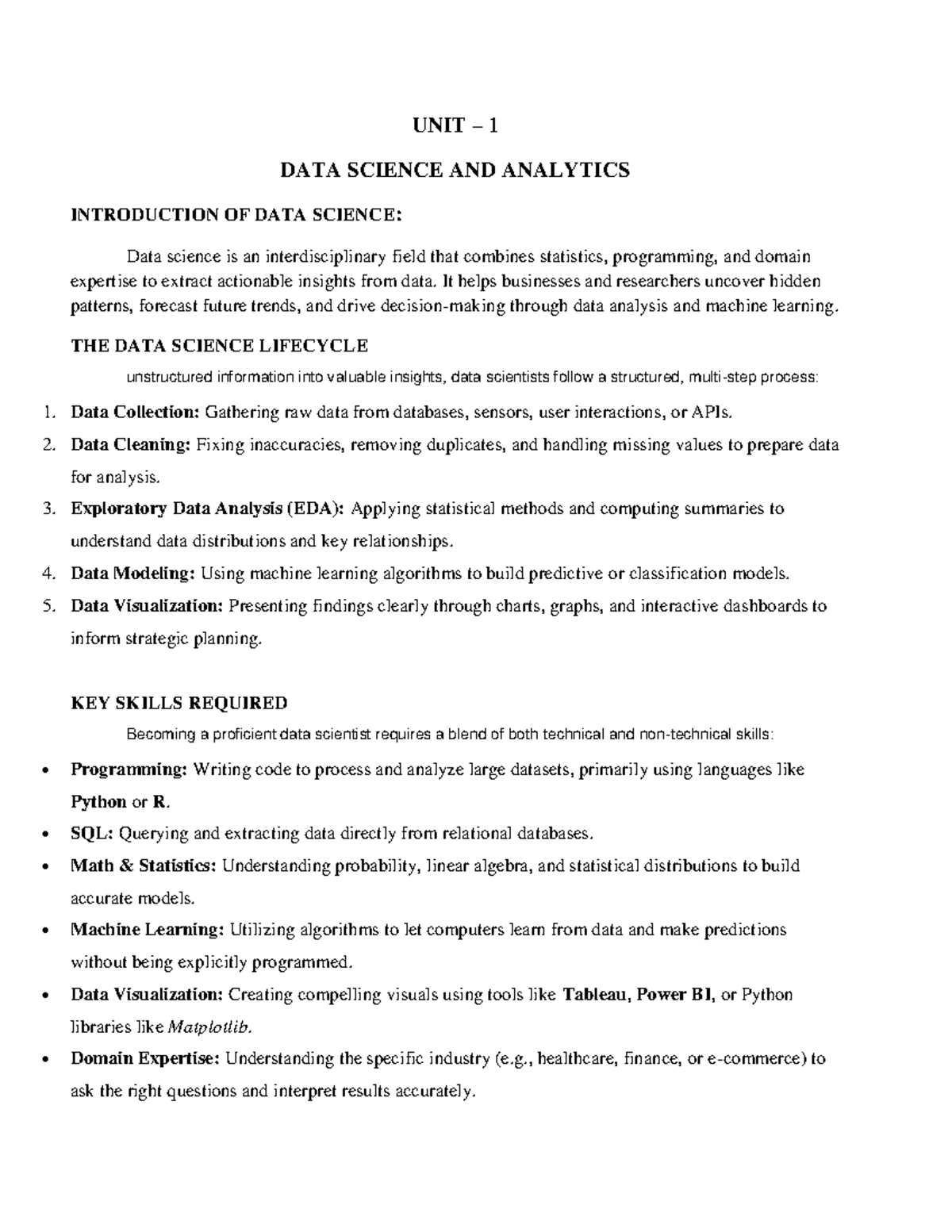 Unit 1 DSA: Introduction to Data Science and Analytics Notes - Studocu