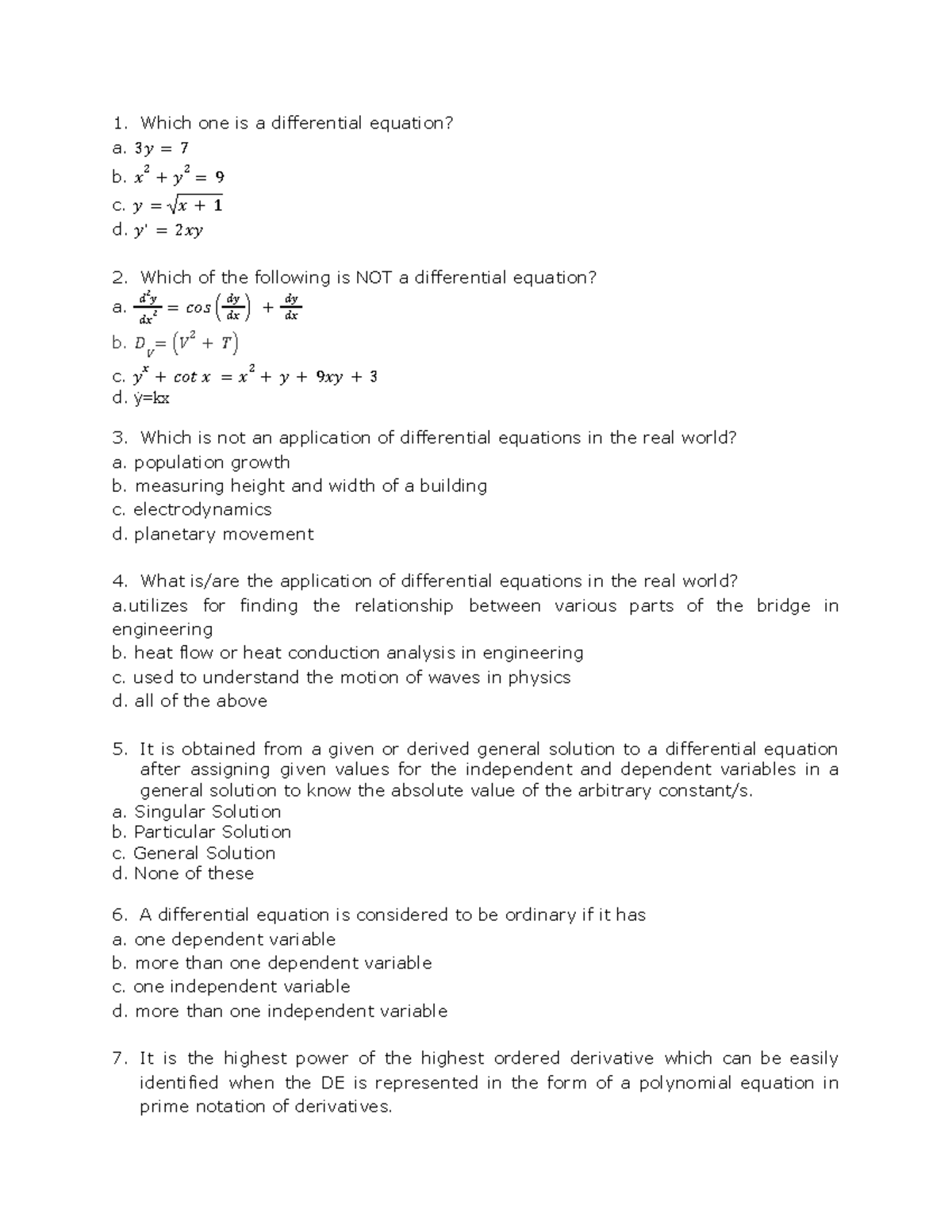 Differential Equations Practice Questions for DE Course - Studocu