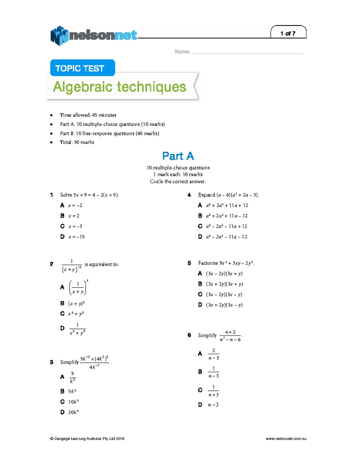 Chapter 1 Topic Test - Math revsison tests - Name ...