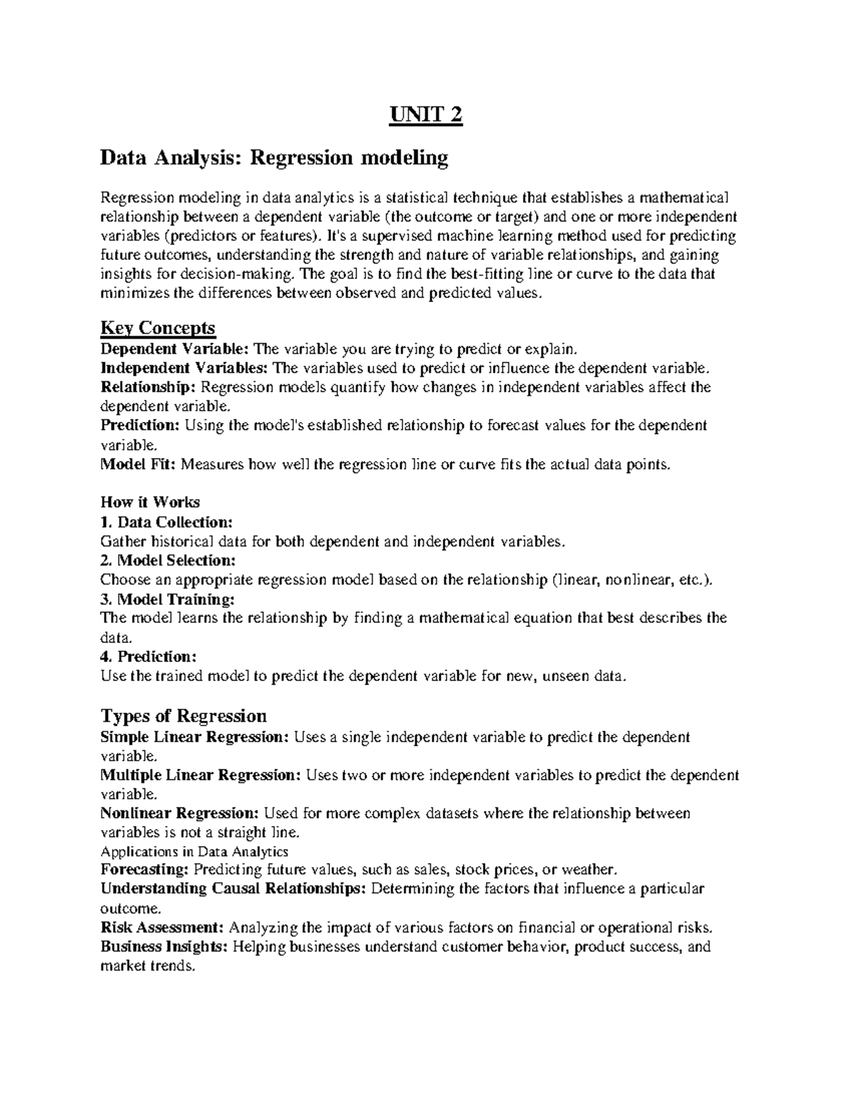 UNIT 2 DA - Regression Modeling in Data Analytics - Studocu