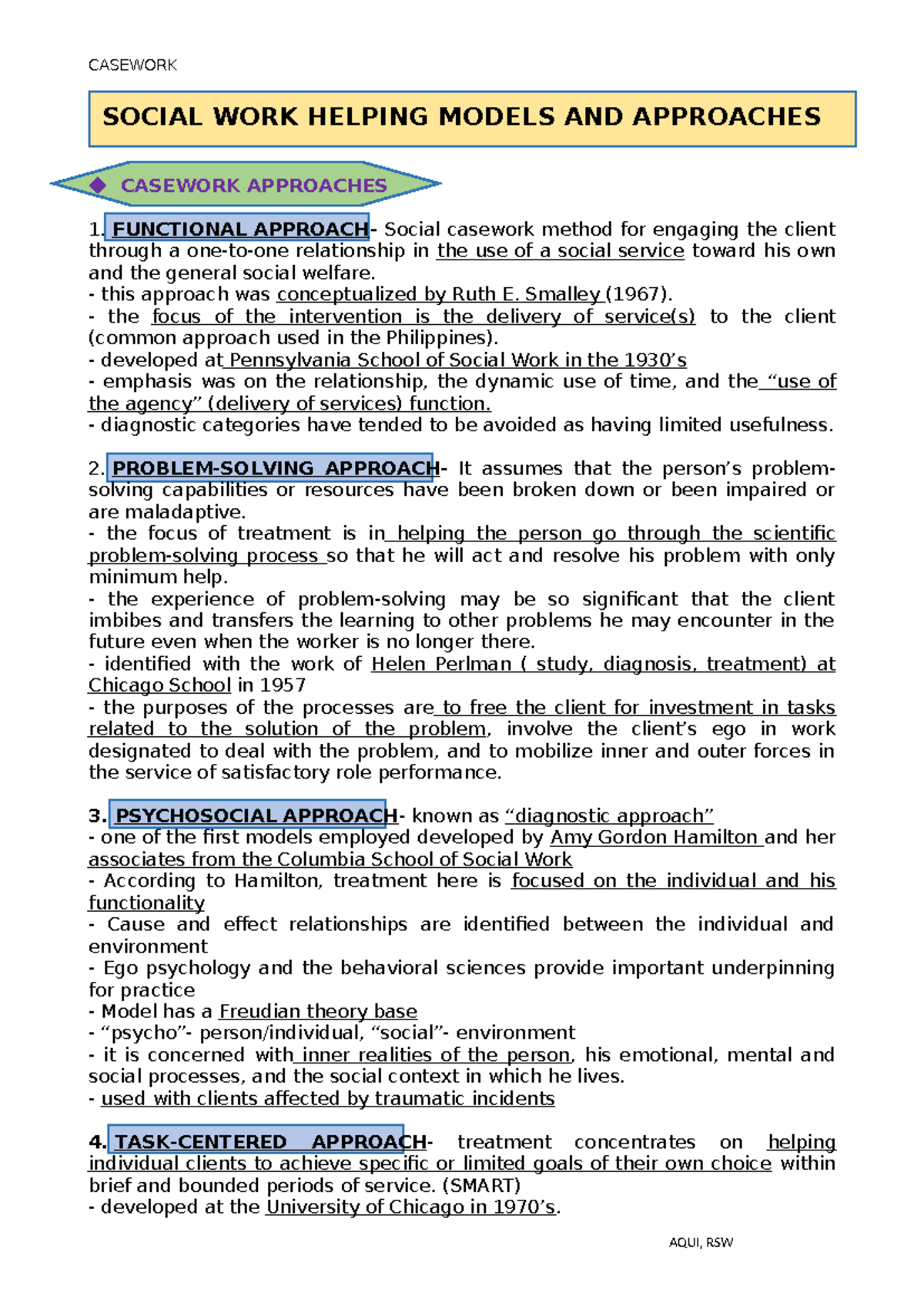 Social Work Casework Approaches - Review Notes (SW101) - Studocu