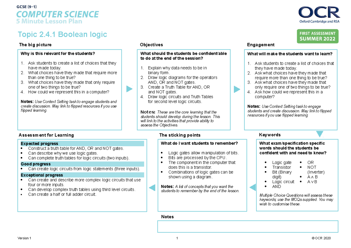 01 Boolean logic Lesson Plan v1 - Topic 2.4 Boolean logic The big ...