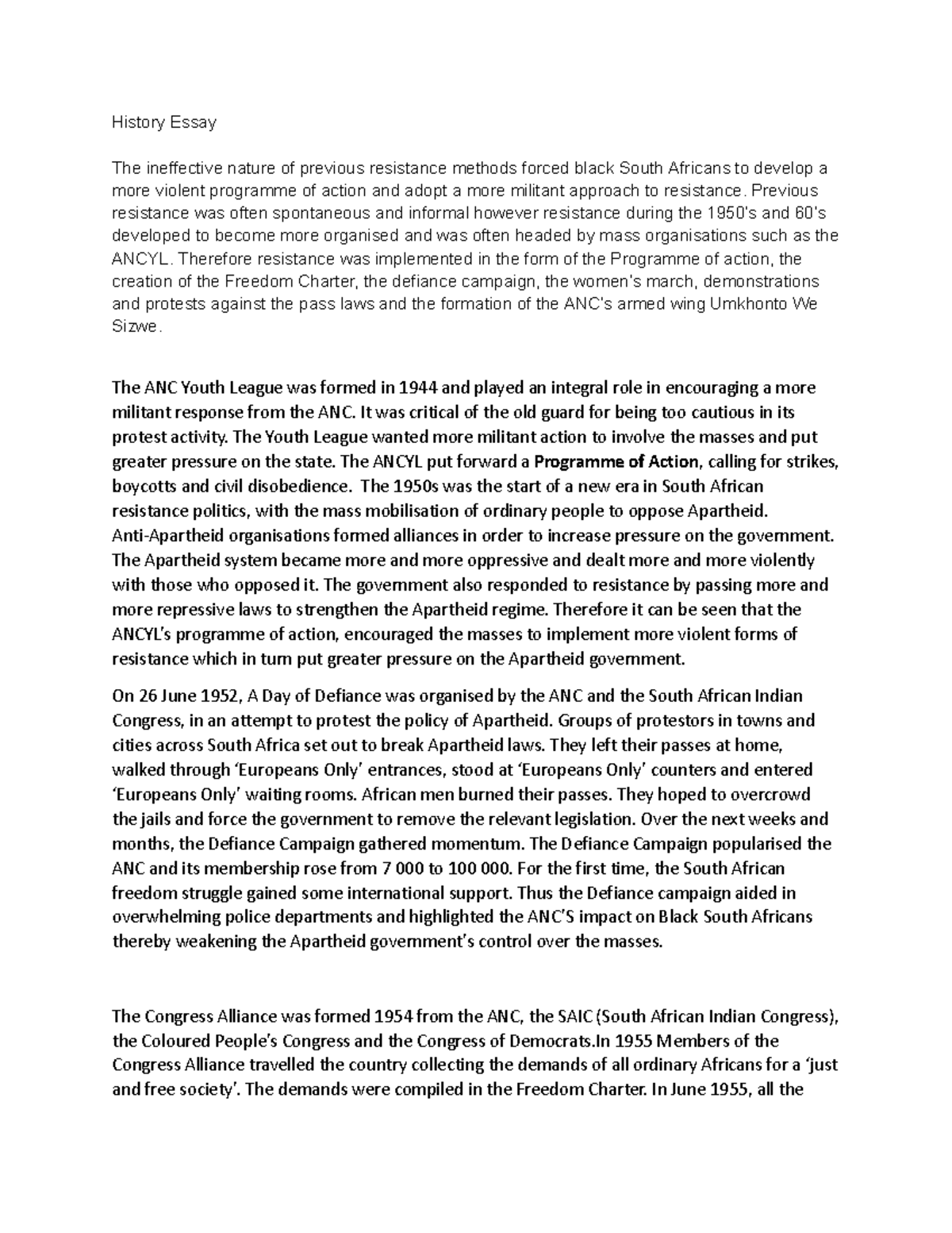 Resistance to Apartheid: Organised Movements and Militant Actions Essay ...