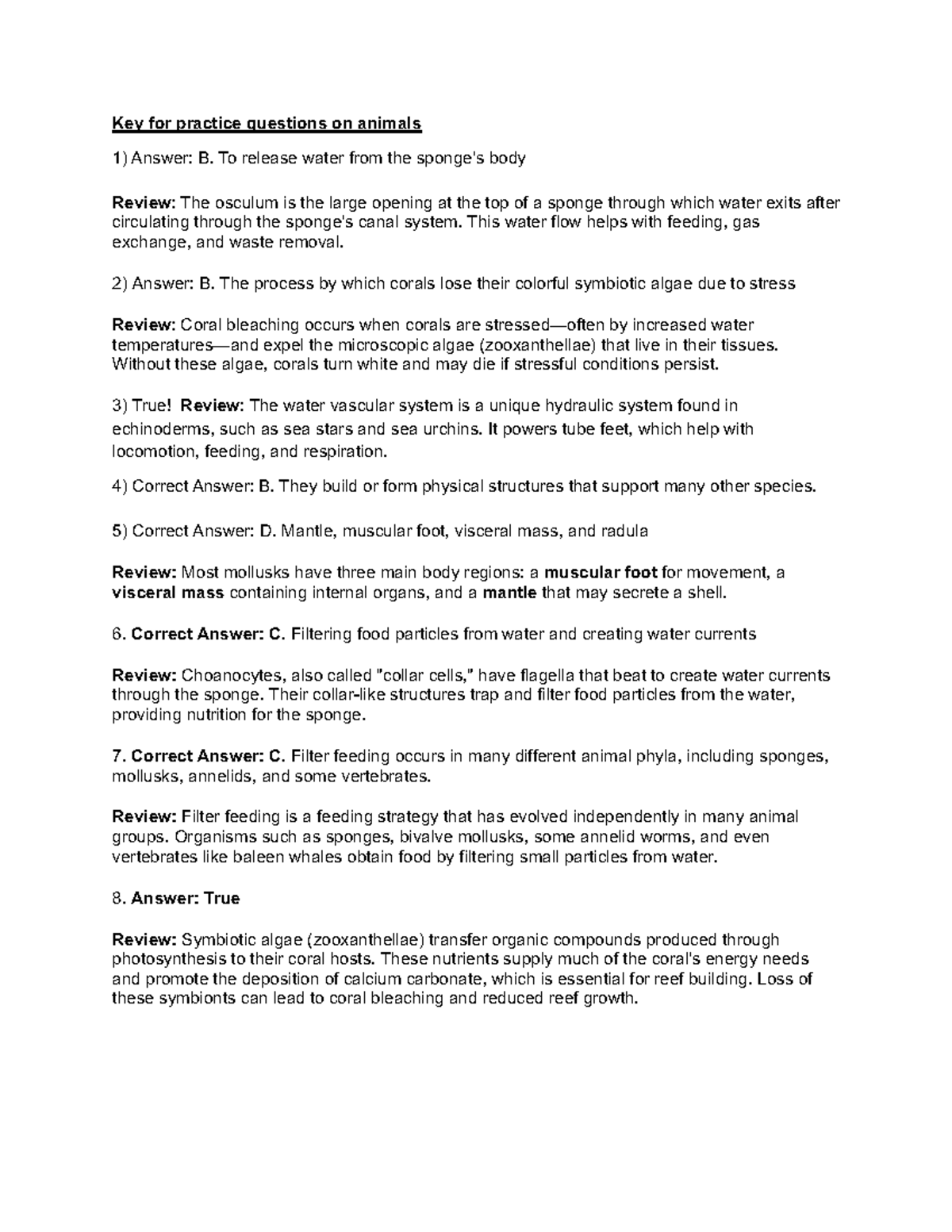 Key for Animal Practice Questions (BIO 101) - Studocu