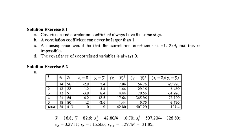 Solutions for Chapter 5: Covariance, Correlation, and Regression ...
