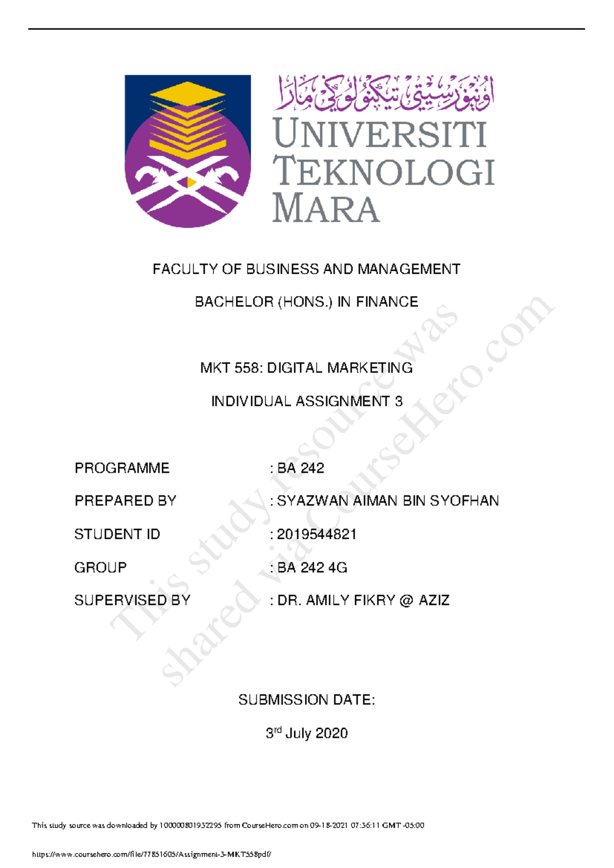 Assignment 3 MKT558 - Marketing communication - UiTM - Studocu