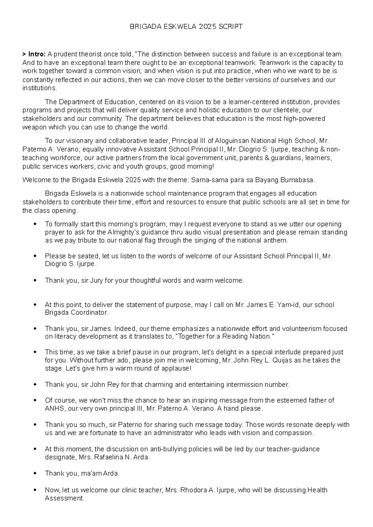 Brigada Eskwela 2025 Script: A Collaborative School Initiative - Studocu