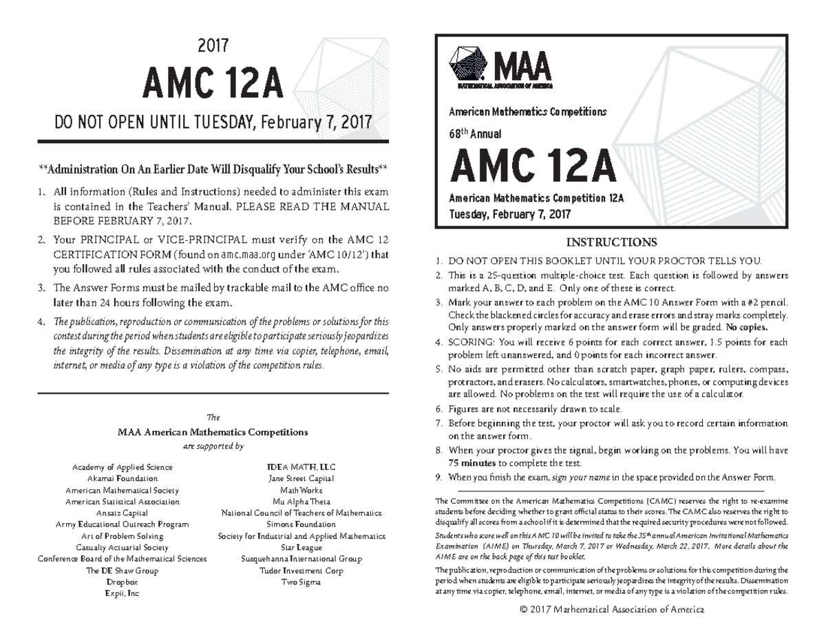 2017 AMC 12A Exam Instructions and Problems Overview - Studocu