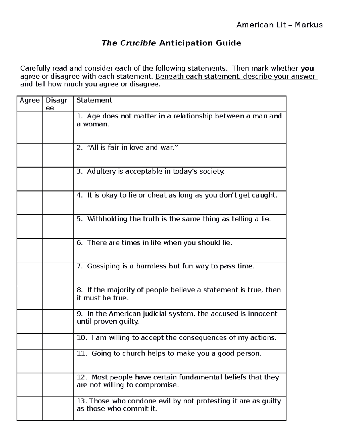 The Crucible Anticipation Guide for American Literature (American Lit ...