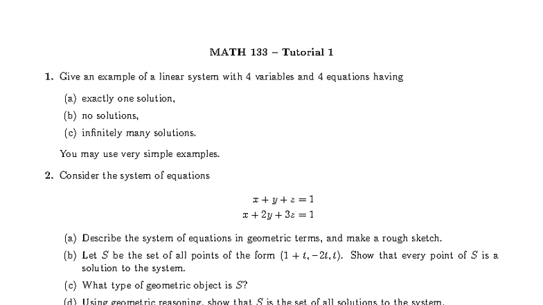MATH 133 Tutorial 1: Linear Systems & Geometric Solutions - Studocu