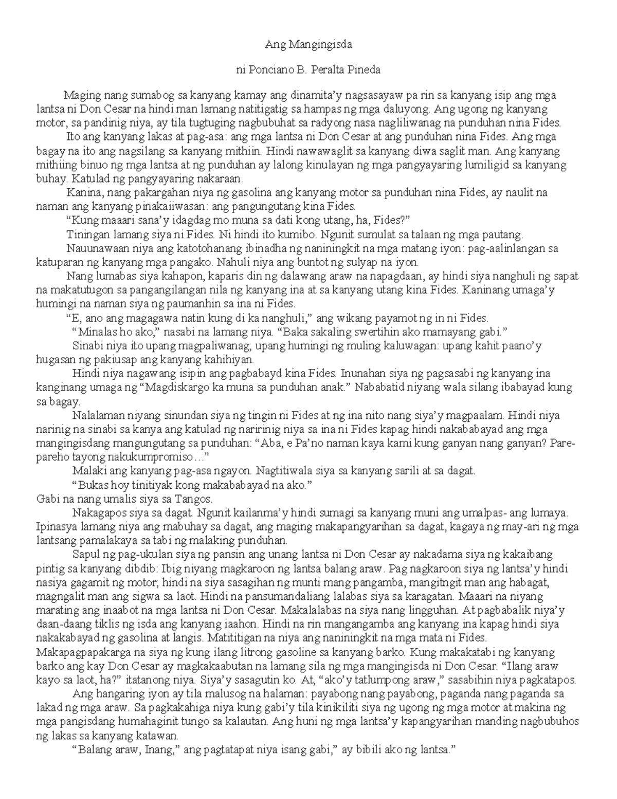 440314753 Mangingisda ni Ponciano Pineda: Isang Salin ng Pag-asa - Studocu