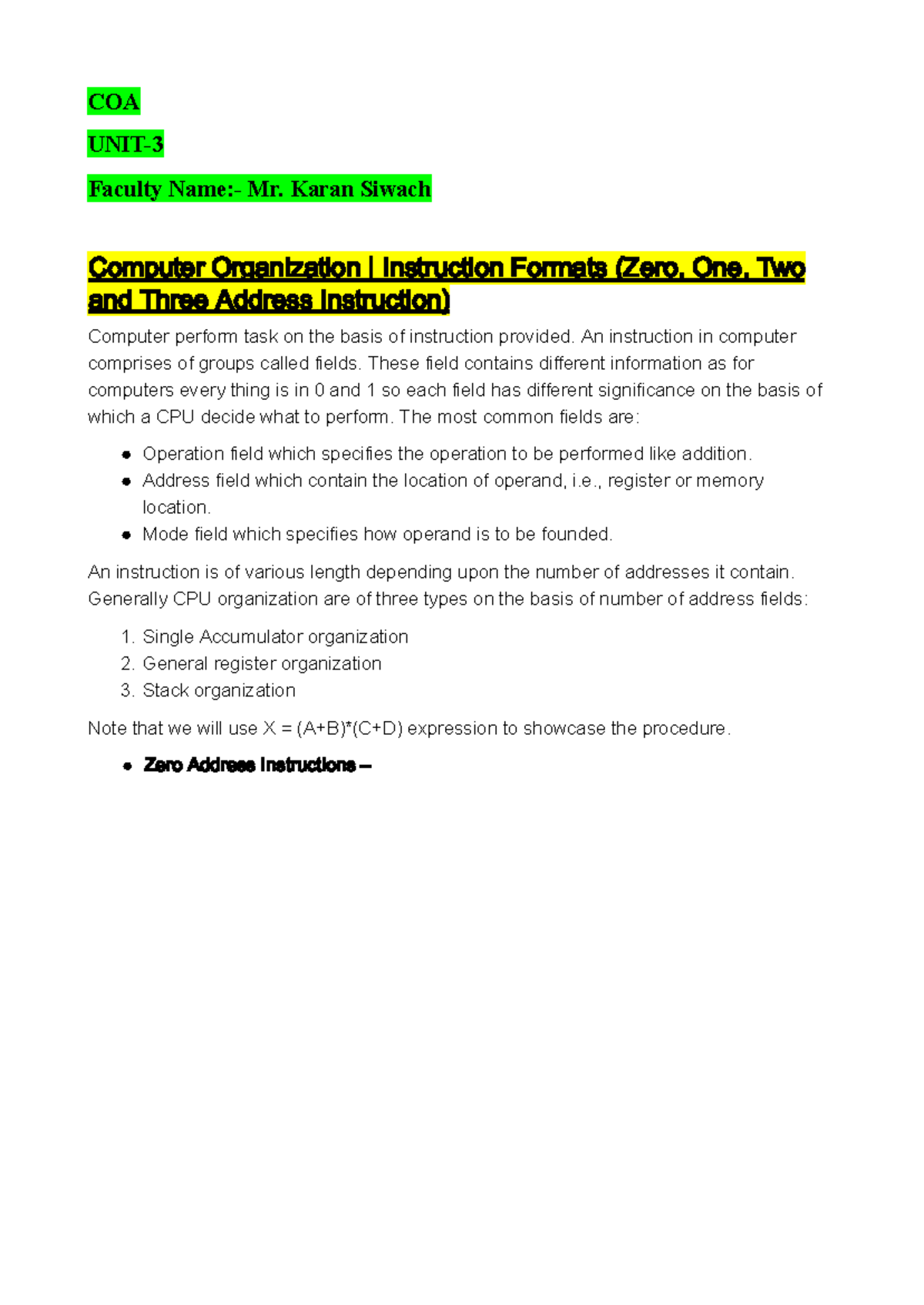 COA Unit-3 Lecture Notes on Computer Organization Instructions - Studocu