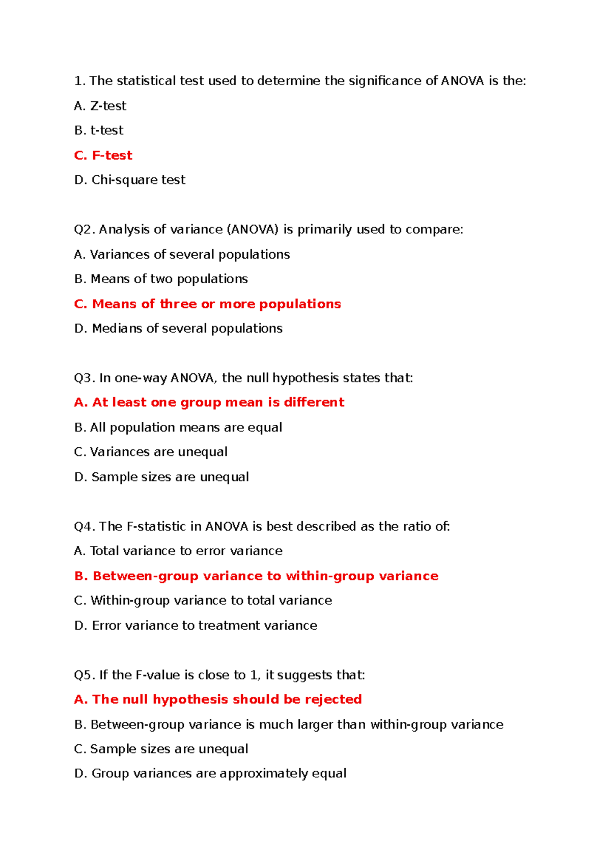ANOVA Sample Test - Self Test for Statistics Course - Studocu