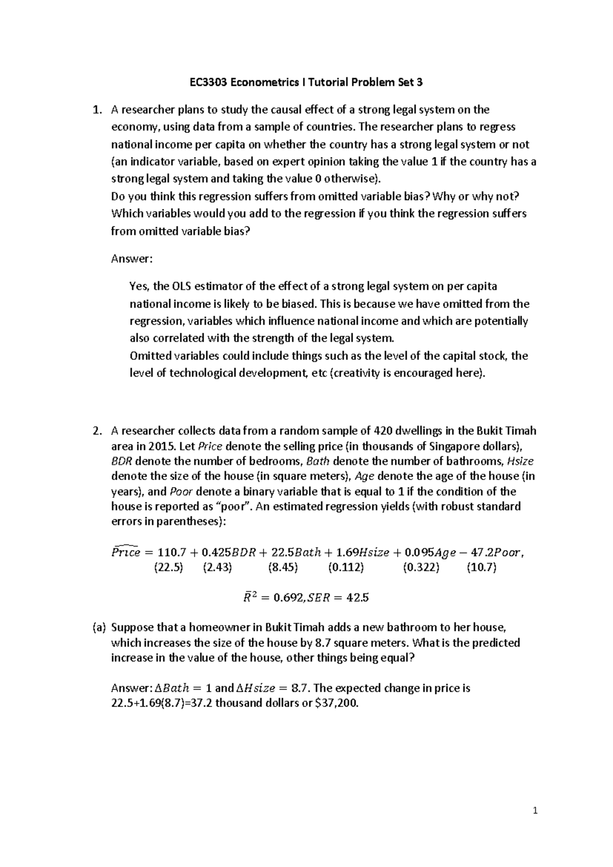 EC3303 Econometrics I Tutorial 3 Problem Set with Solutions - Studocu