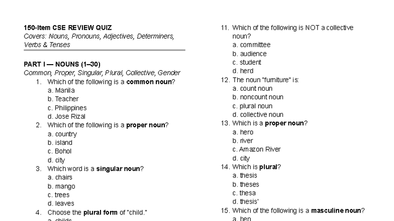CSE REVIEW QUIZ: Nouns, Pronouns, Adjectives, Determiners, Verbs Tenses ...