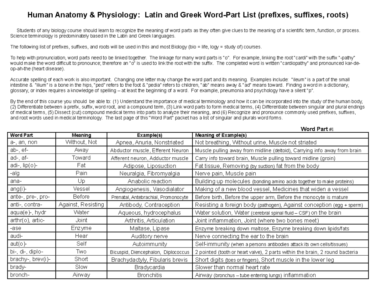 Word Part List - First - Human Anatomy & Physiology: Latin and Greek ...