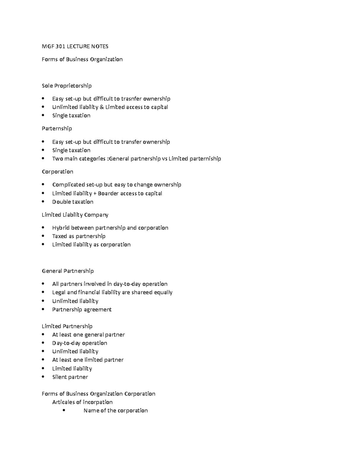 MGF 301 Final Exam Lecture Notes on Business Organizations & Finance ...