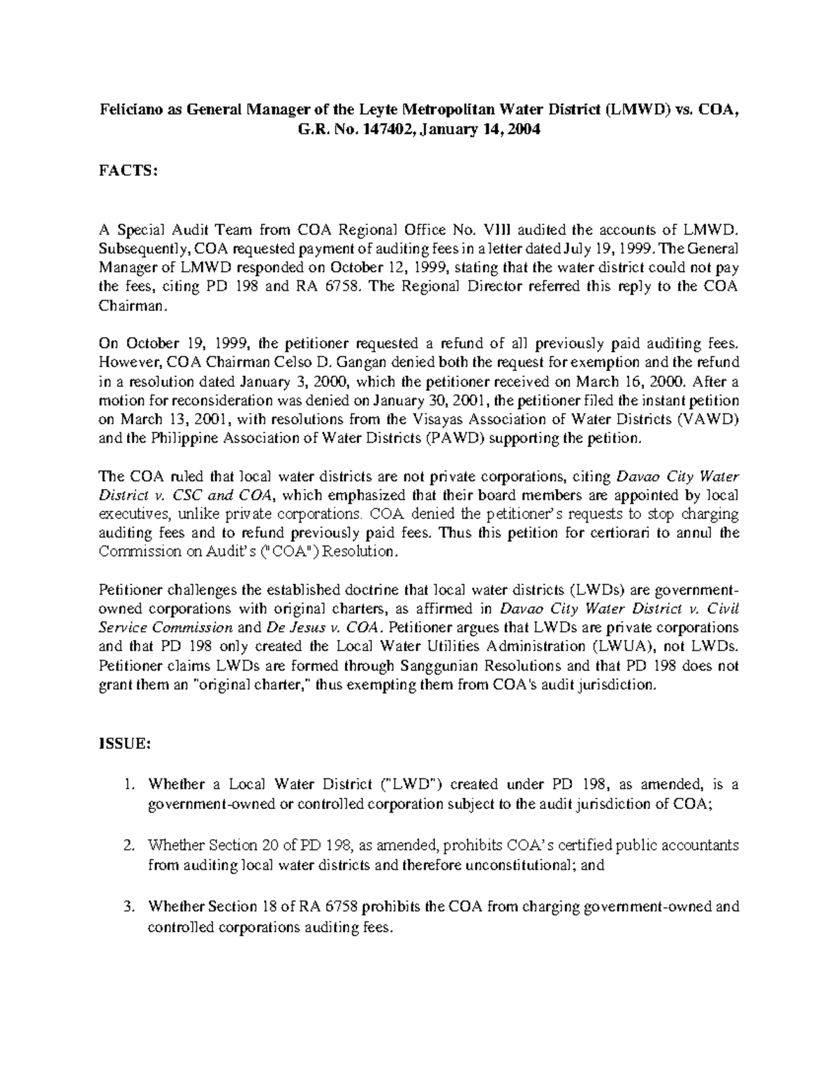 Feliciano vs. COA: Audit Jurisdiction of Local Water Districts (G.R. No ...