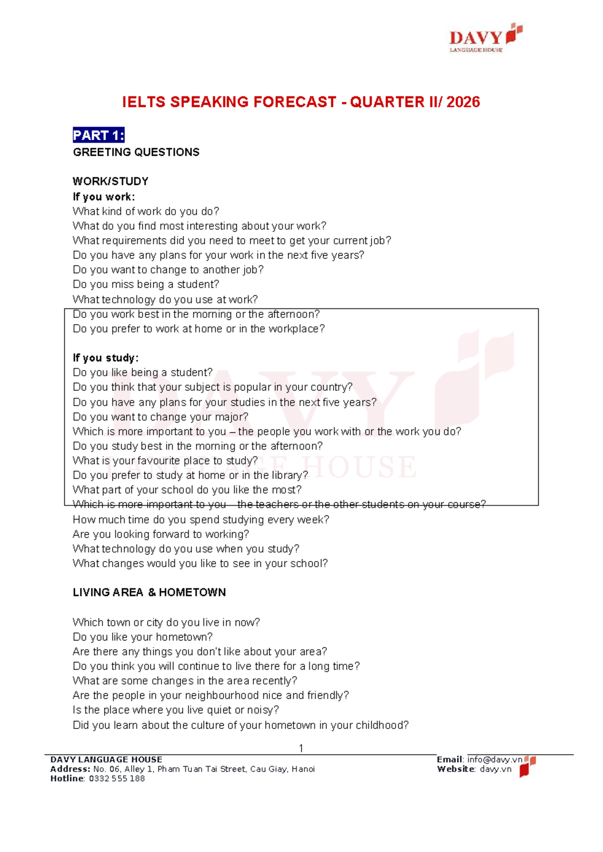 IELTS Speaking Forecast Q1 2026: Greeting & Work Questions - Studocu