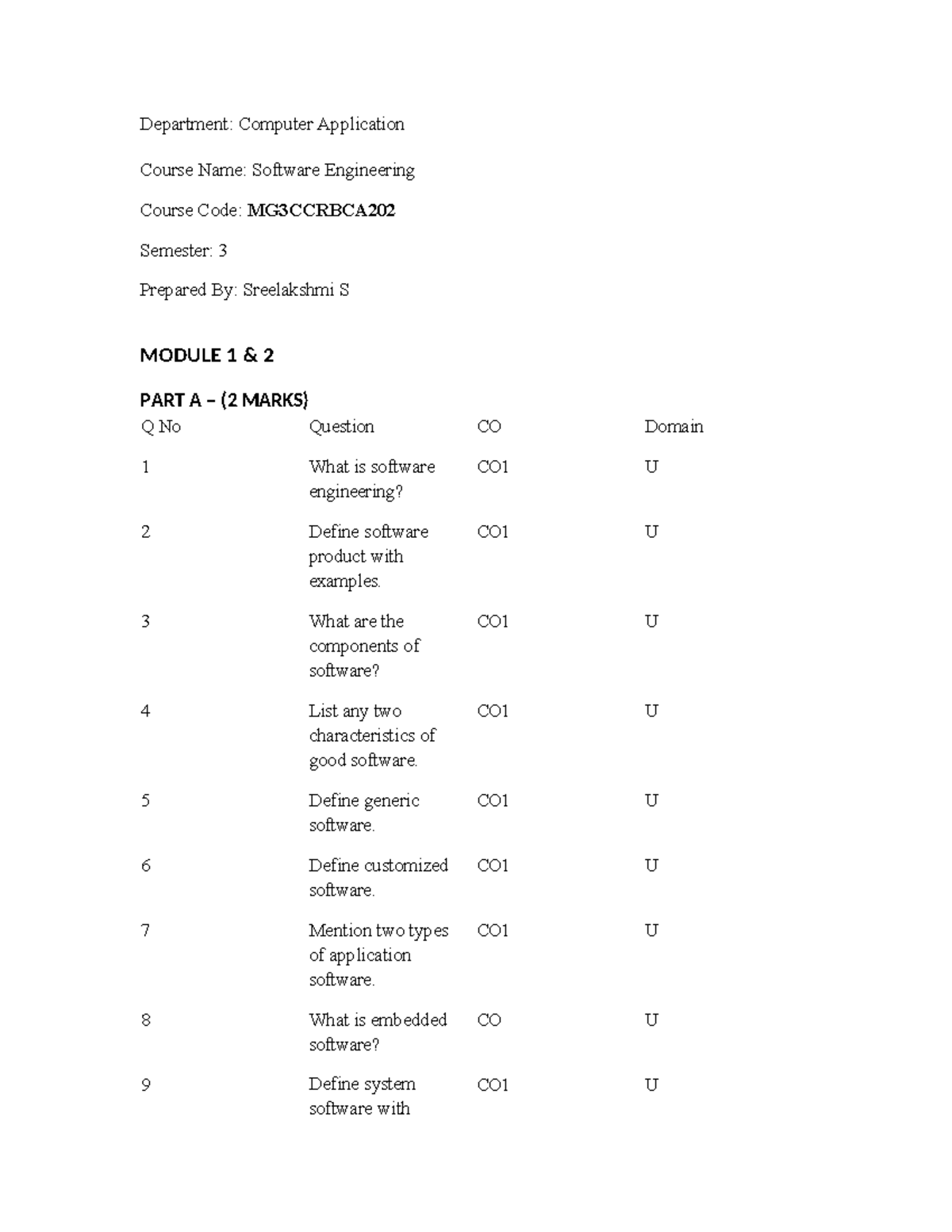 Software Engineering Question Bank - MG3CCRBCA202 (Semester 3) - Studocu