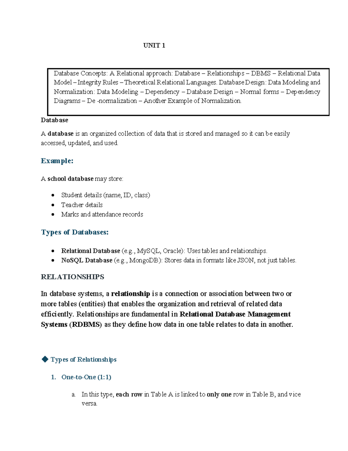 RDBMS - UNIT 1: Database Concepts and Relational Models Overview - Studocu
