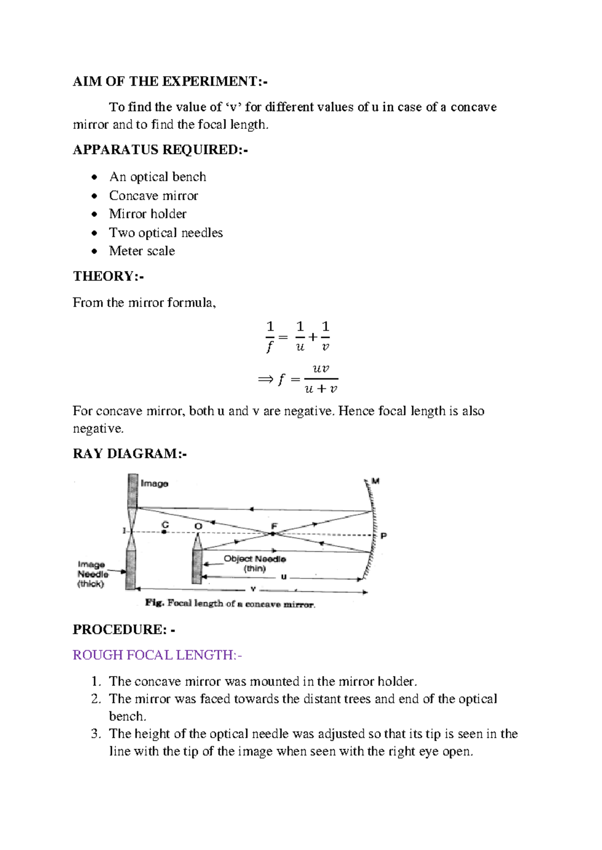 Focal Length Determination of Concave Mirror - Experiment 1 - Studocu