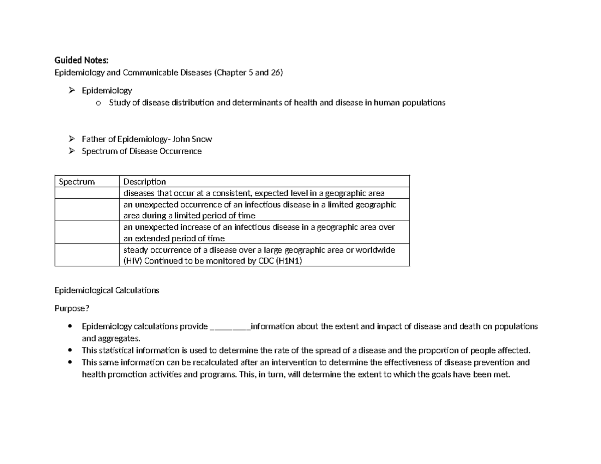 Guided Notes on Epidemiology & Communicable Diseases (Ch. 5 & 26) - Studocu
