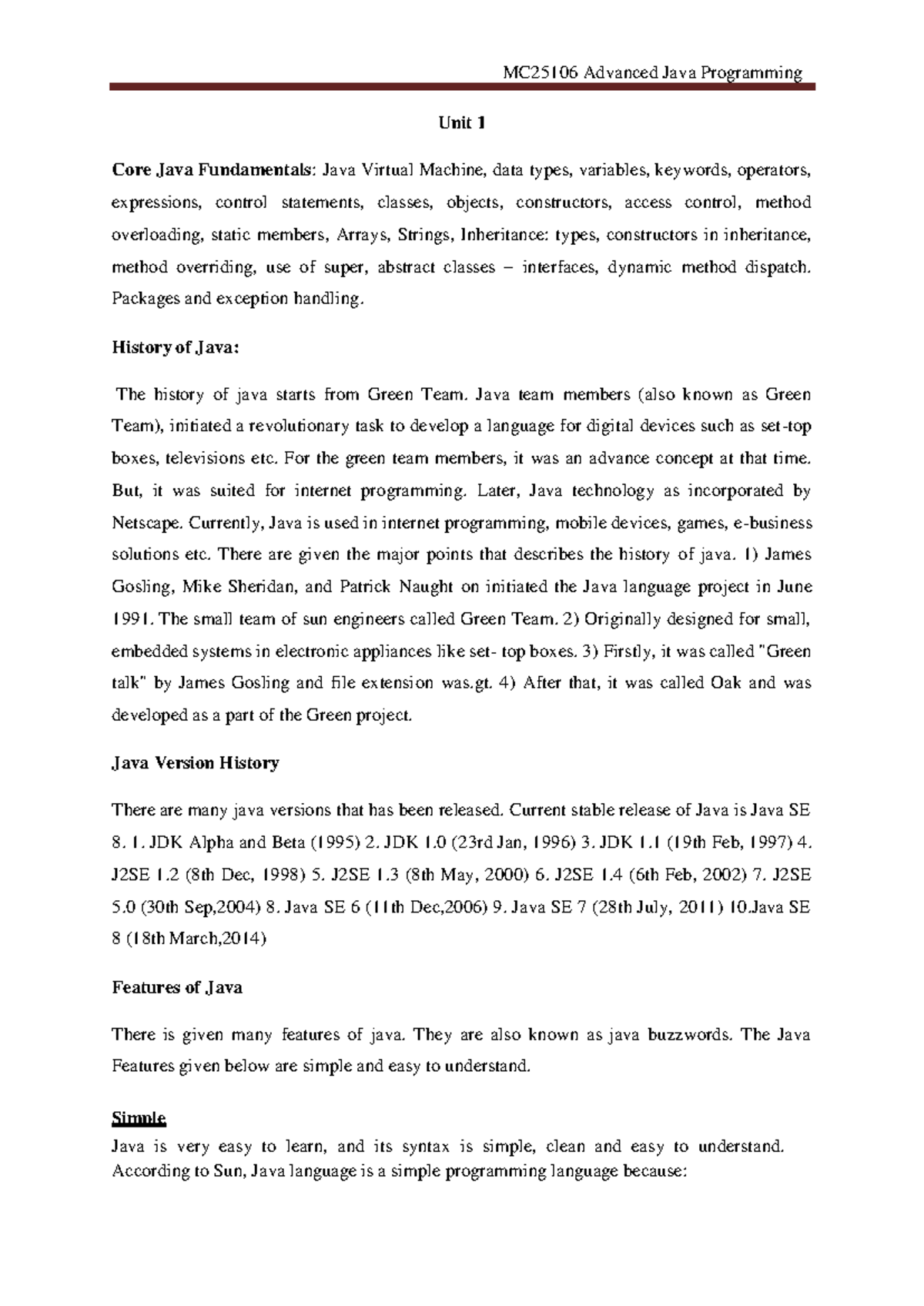 MC25106 Advanced Java Programming: Unit 1 Core Java Fundamentals - Studocu