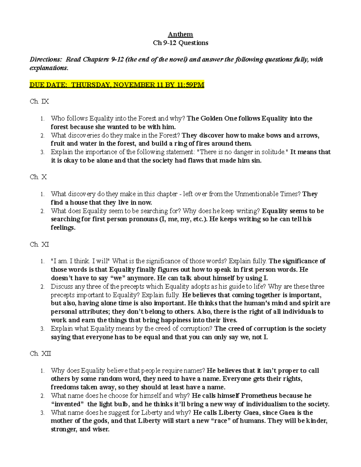 Anthem Ch 9-12 Study Questions & Analysis for Final Exam - Studocu