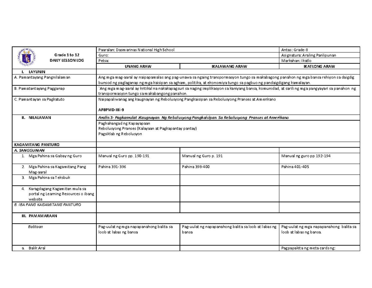 AP8-Q3-W7 - PDF - Grade 1 to 12 DAILY LESSON LOG Paaralan: Dasmarinas National High School Antas ...