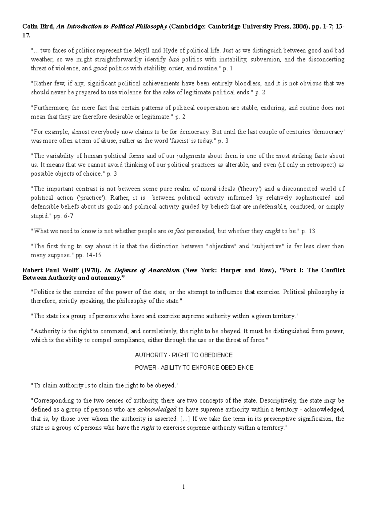 Summary - general notes from readings - Colin Bird, An Introduction to ...