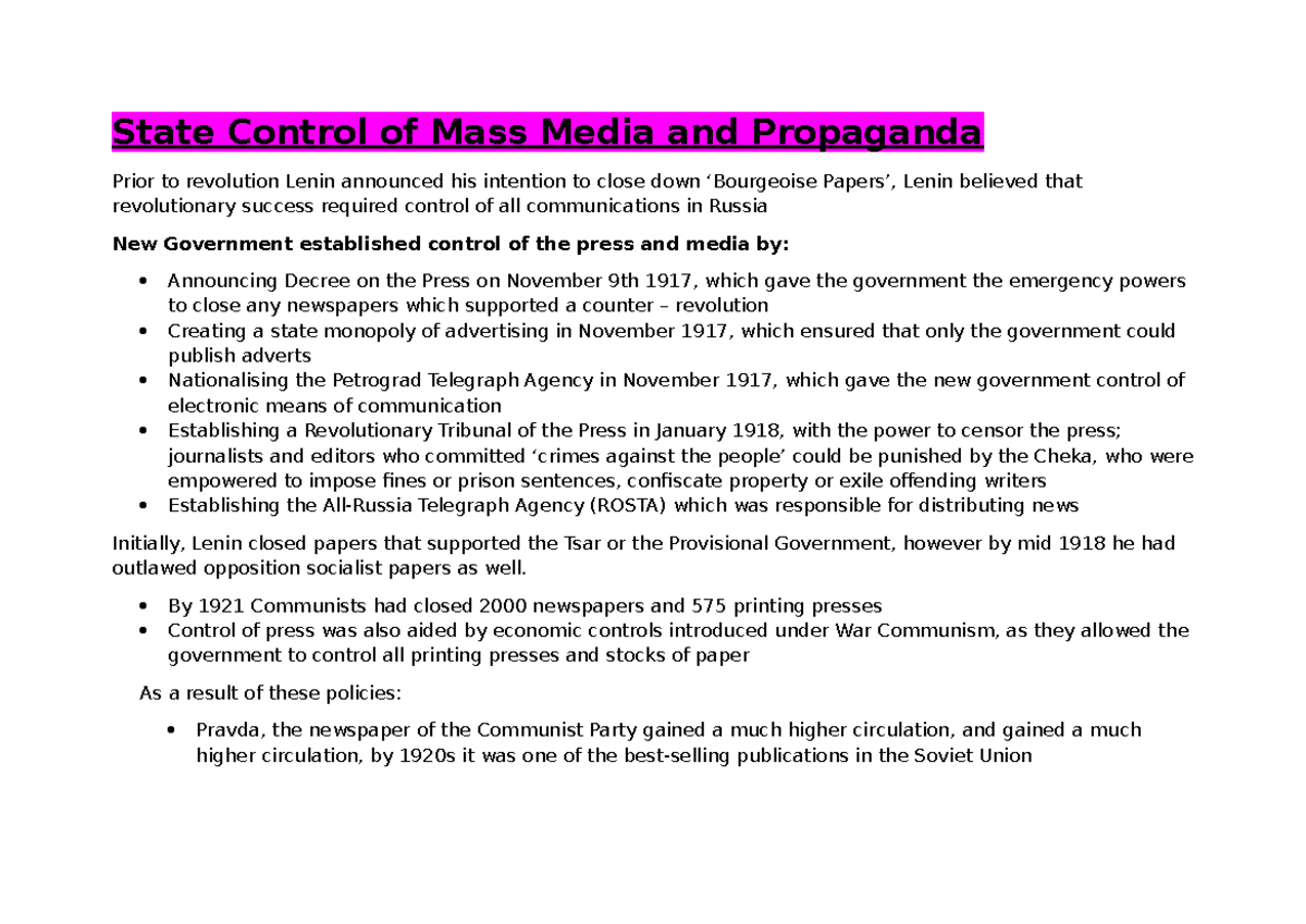 USSR - Control of Mass Media and Propaganda (1917-1985) - Studocu